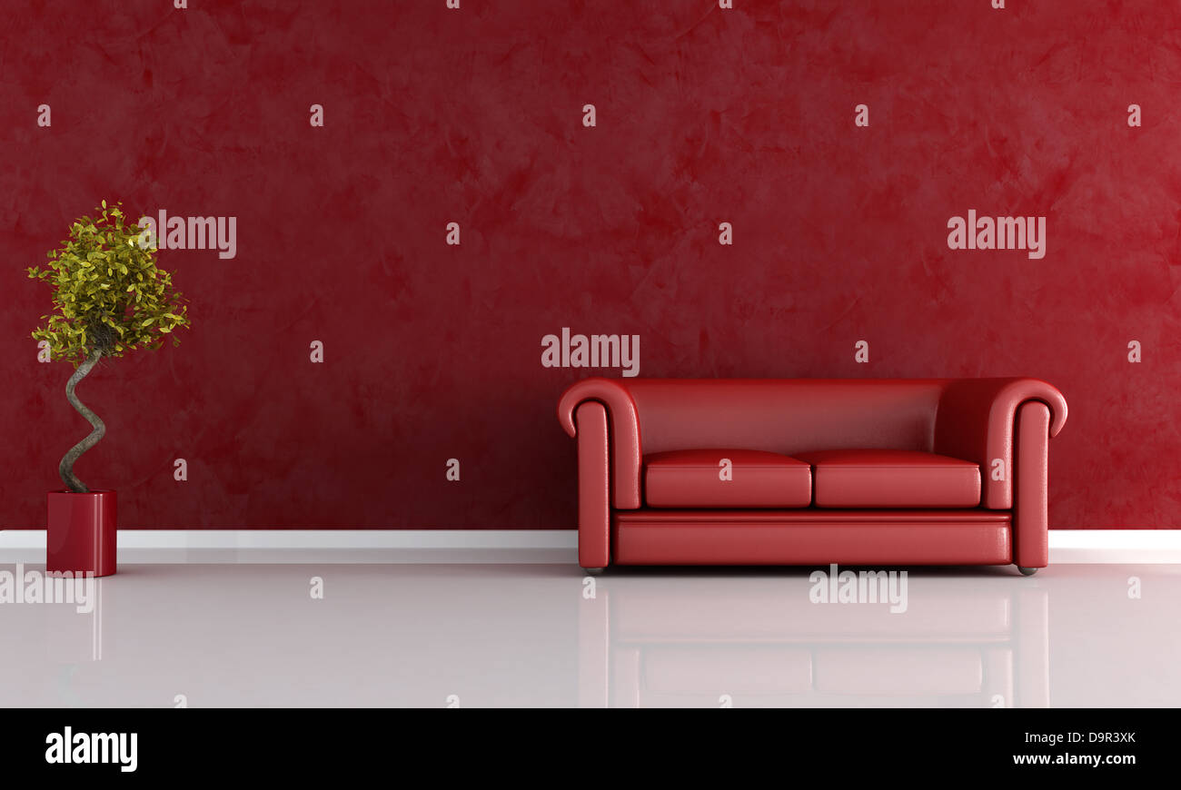 red leather sofa against stucco wall - rendering Stock Photo - Alamy