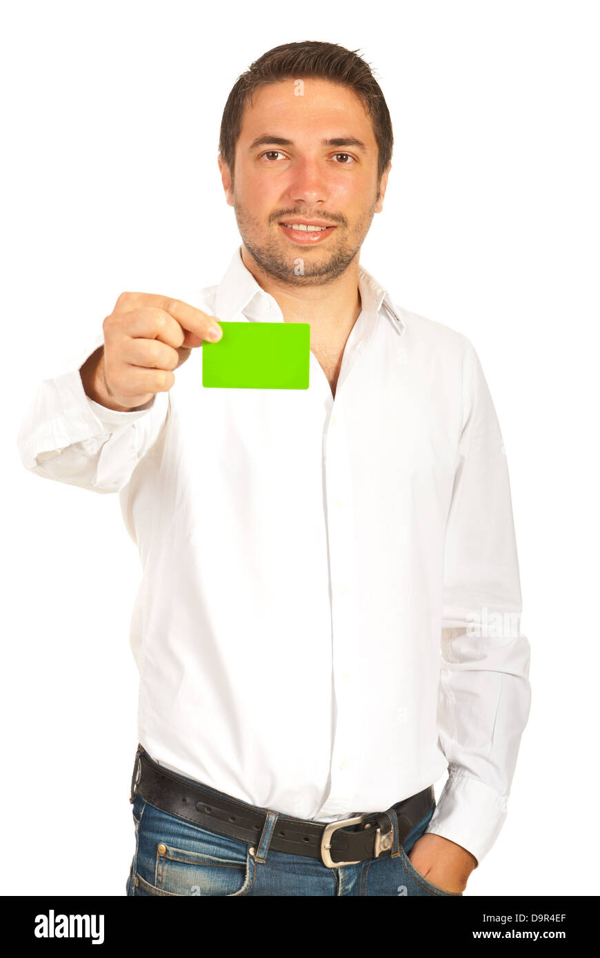 Business man giving green card isolated on white background Stock Photo ...