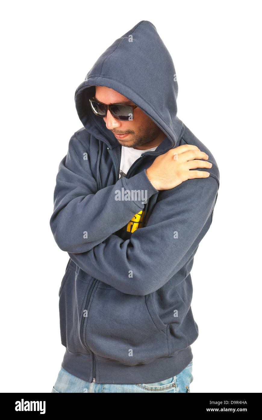 Hooded rapper man isolated on white background Stock Photo - Alamy