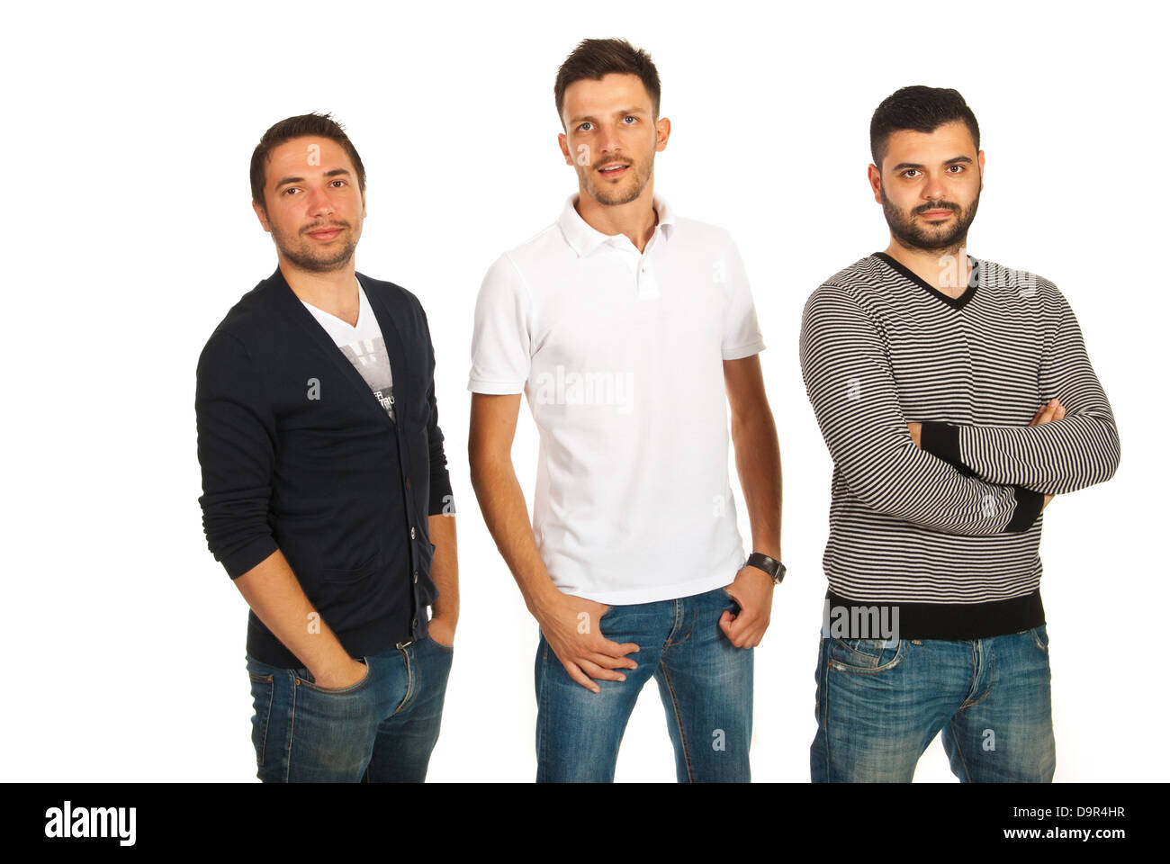 Casual three friends men isolated on white background Stock Photo - Alamy