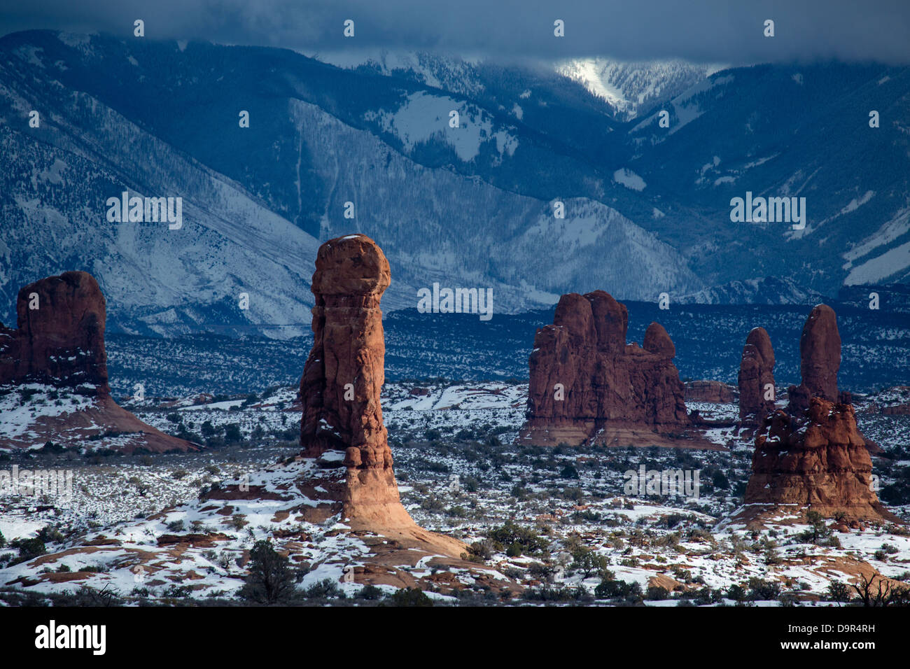 rock stacks in the Windows Section with the La Sal Mountains beyond ...