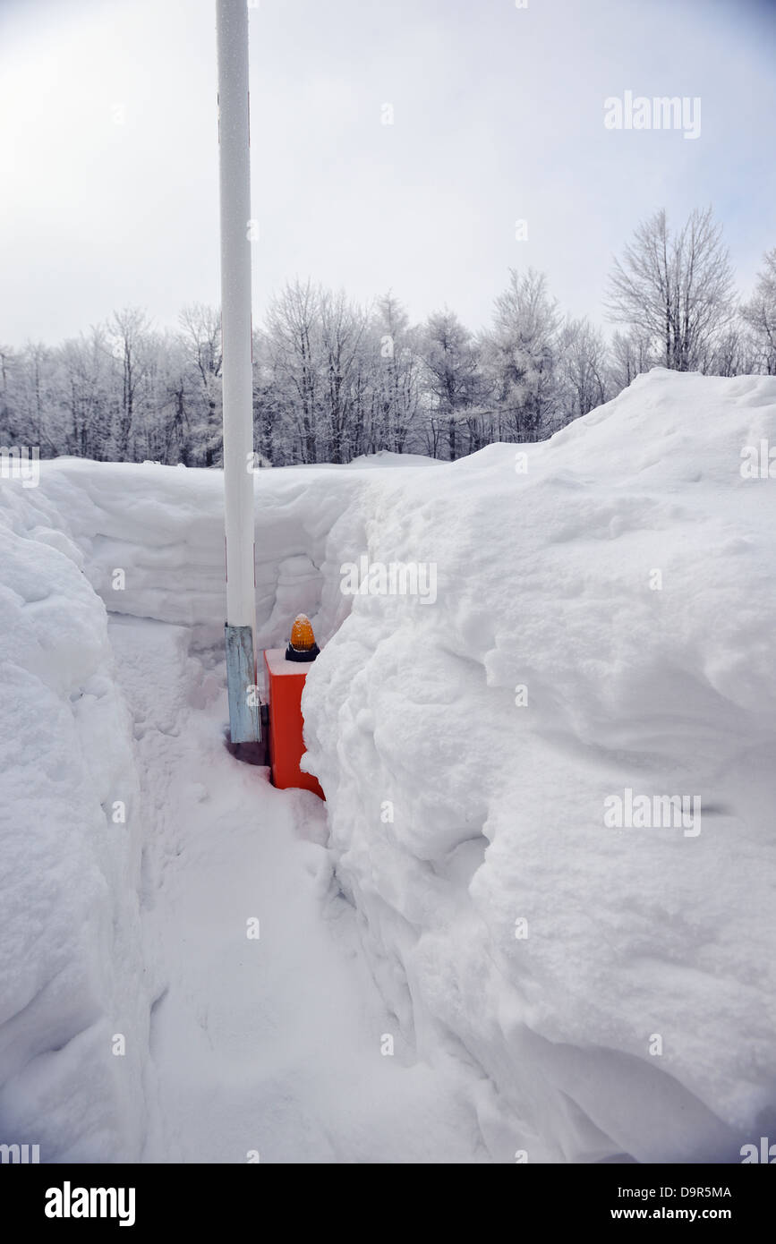 Security barrier with a little beacon alarm system snowcapped in a ...