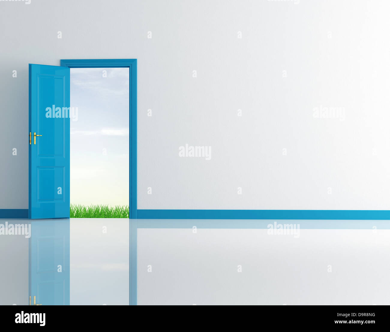 Home interior with open blue door - conceptual for many use -rendering ...