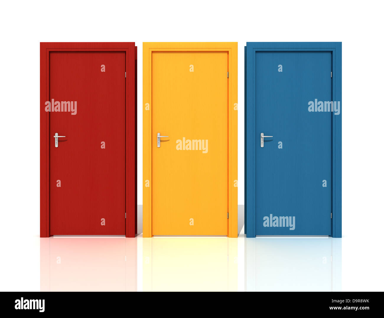 three colorful doors isolated on white - rendering Stock Photo - Alamy