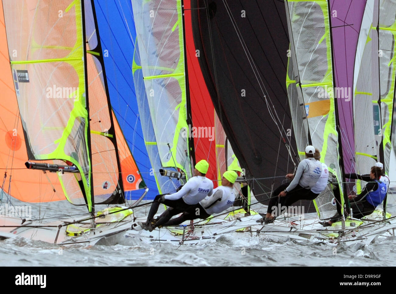 Boats of the Olympic 49er class compete in a regatta on the Baltic Sea ...
