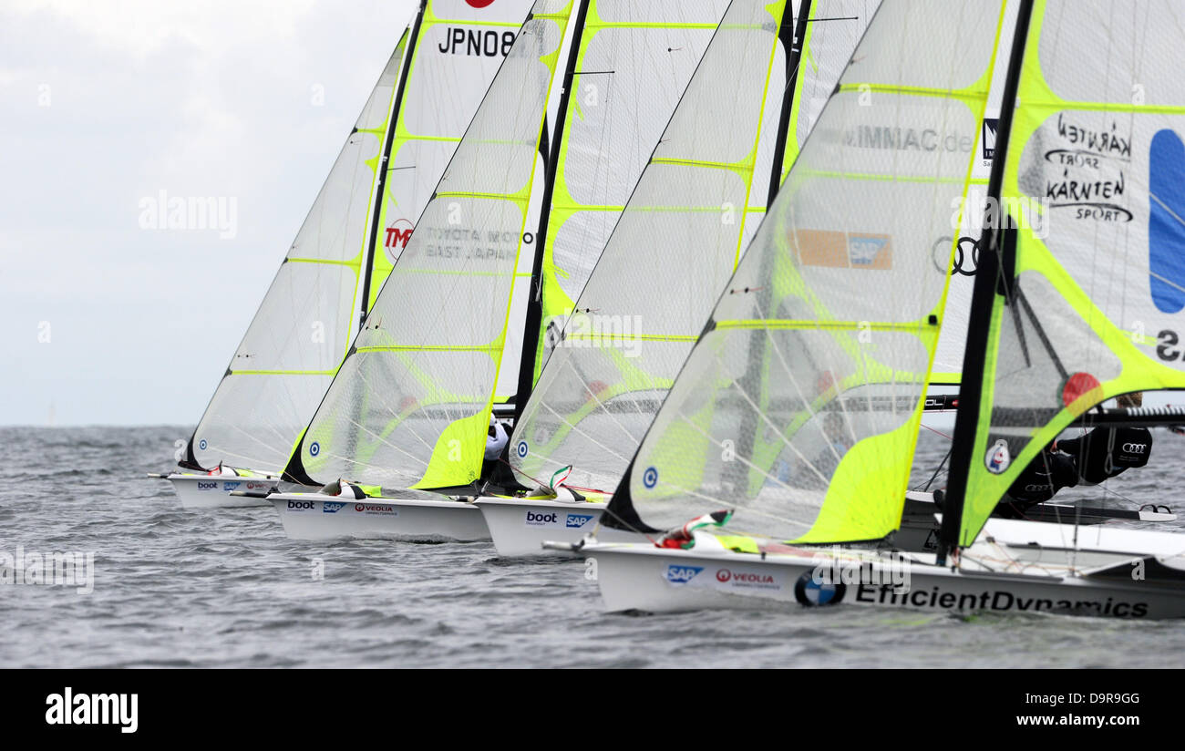 Boats of the Olympic 49er class compete in a regatta on the Baltic Sea ...