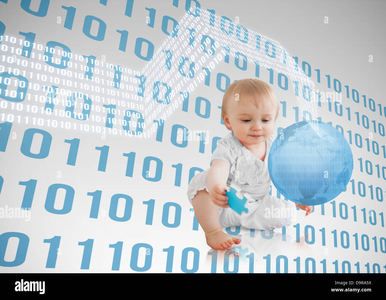 Blue binary codes floating around a baby with a blue planet Stock Photo ...