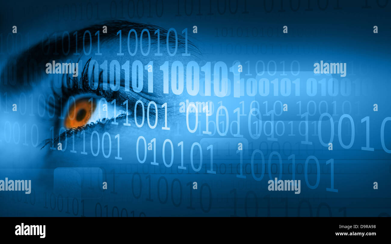 Woman looking away on binary code background Stock Photo - Alamy