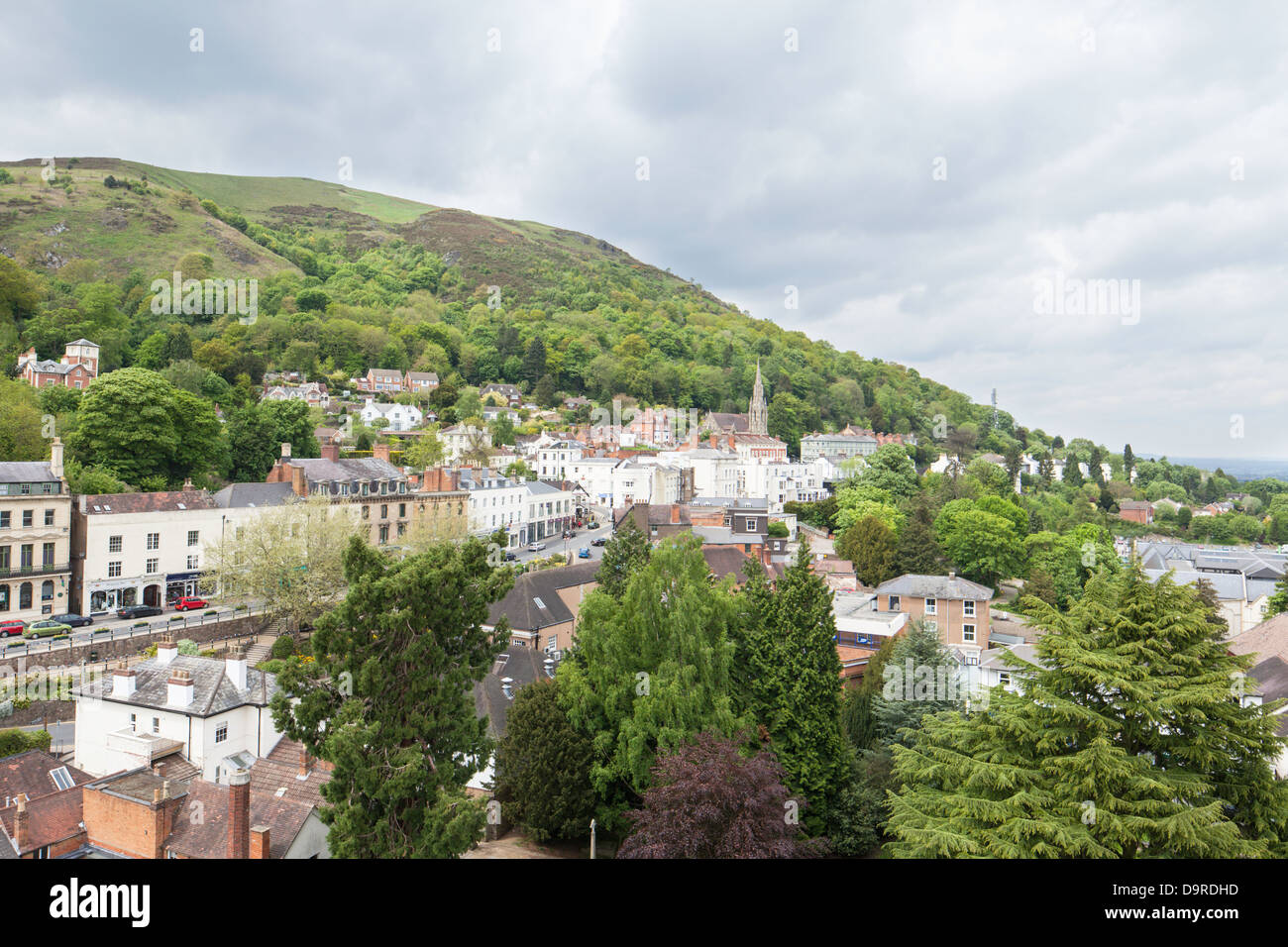 Great Malvern town below the Malvern Hills from the tower of Great ...