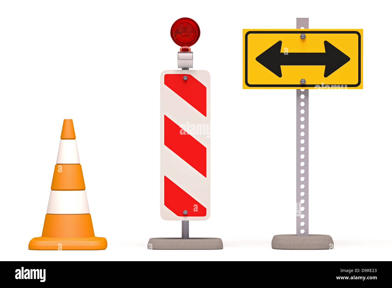 Cone and road signs on white background Stock Photo - Alamy