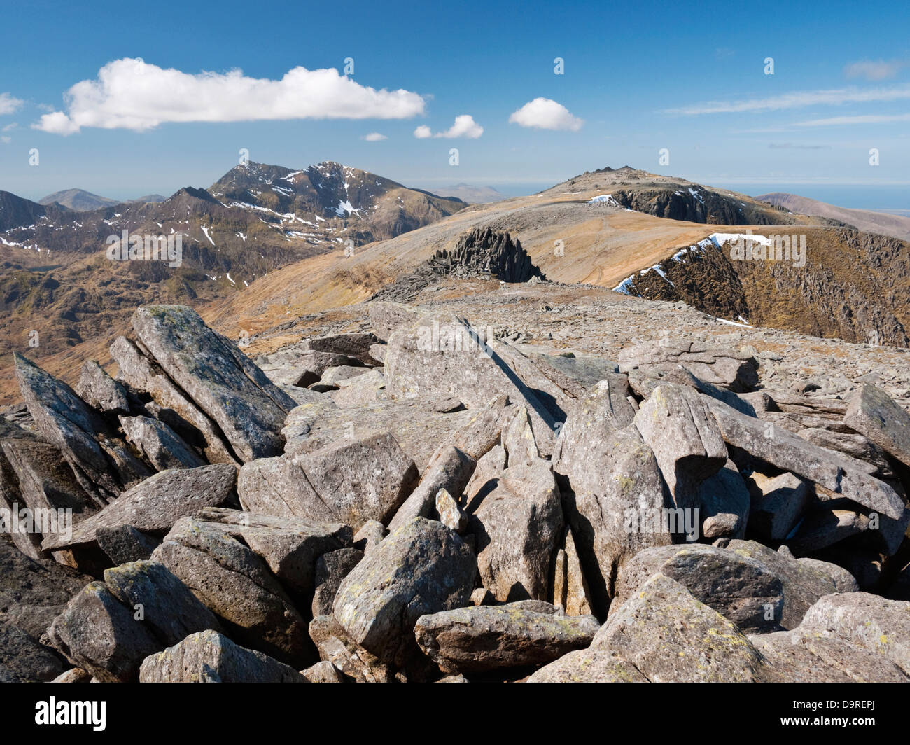 The Snowdon mountain group and Glyder Fawr viewed from the summit rock ...