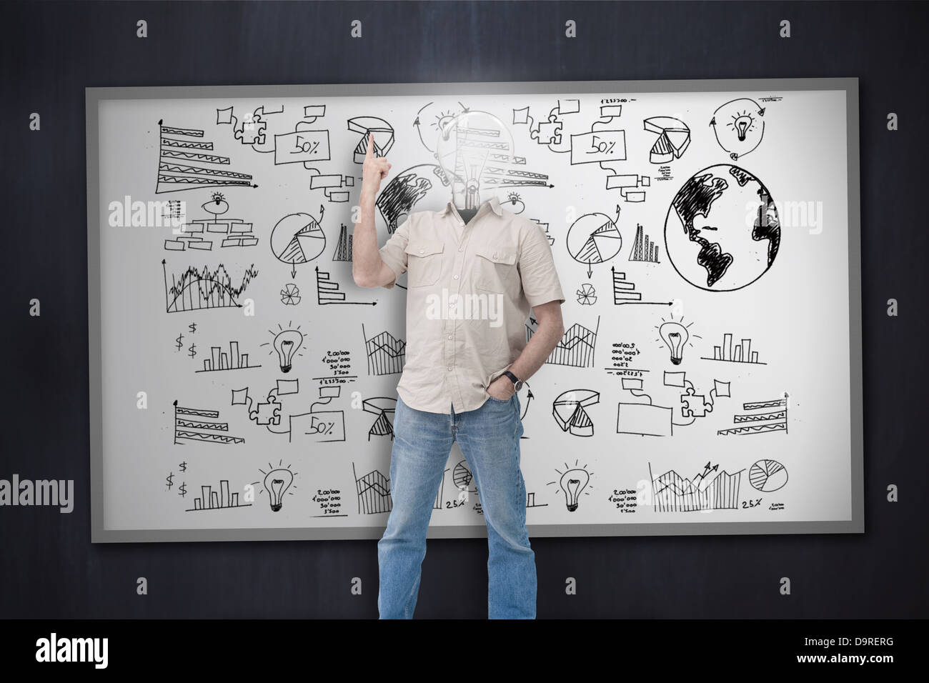 Man with lit up bulb for a head pointing up Stock Photo - Alamy