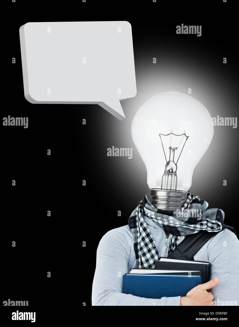 Student with a light bulb head and speech bubble Stock Photo - Alamy