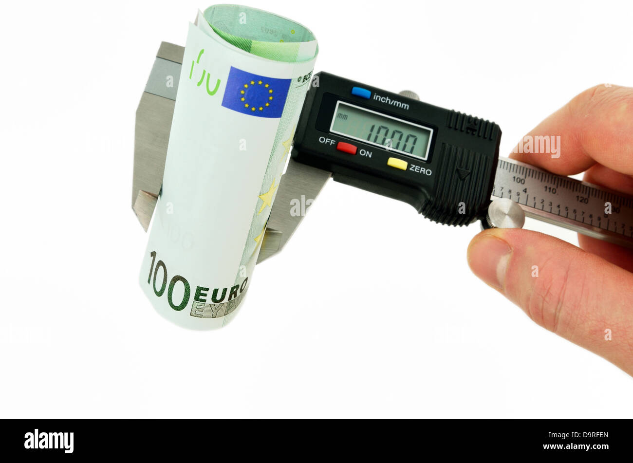 Measuring euro banknotes with vernier caliper Stock Photo - Alamy