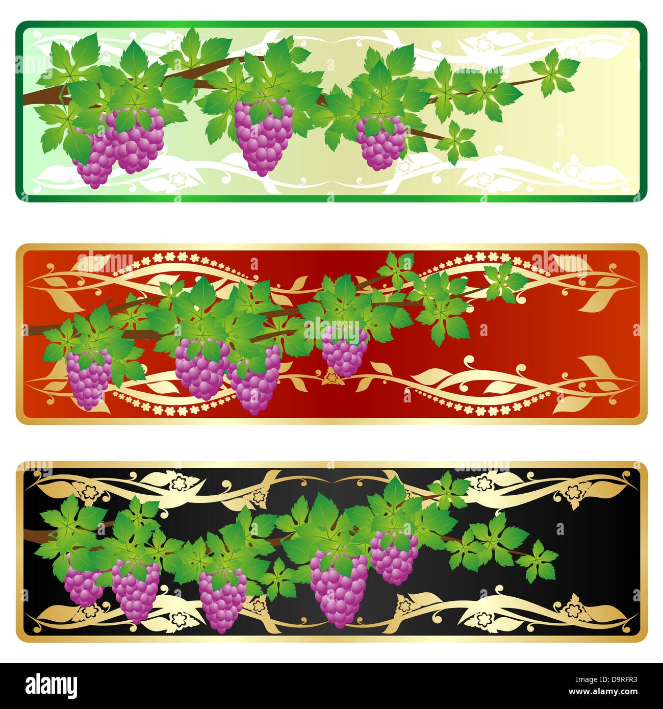 Vine with bunches of grapes. Collection of banners on a colored ...