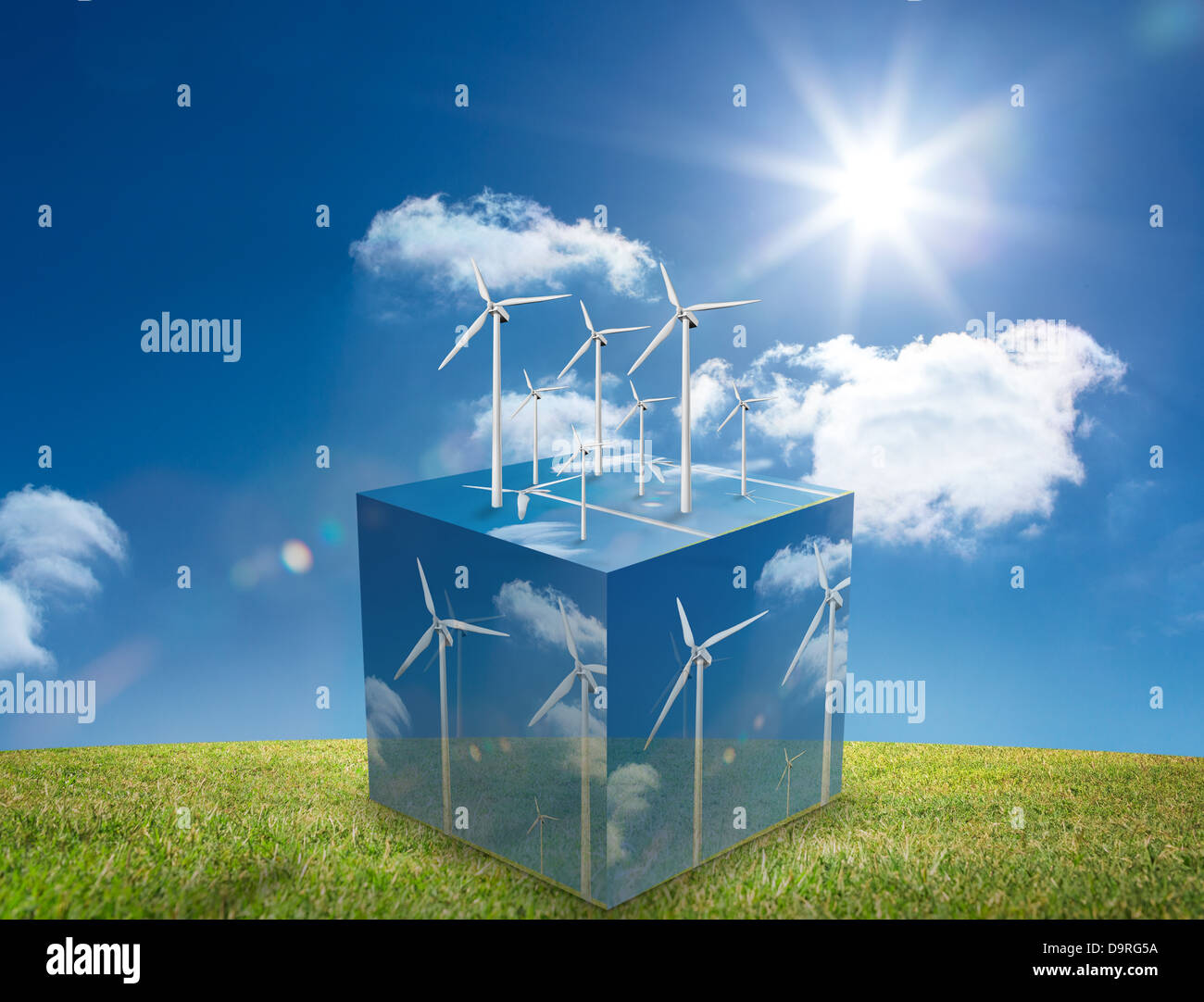 Wind turbines on cube showing more wind turbines Stock Photo - Alamy