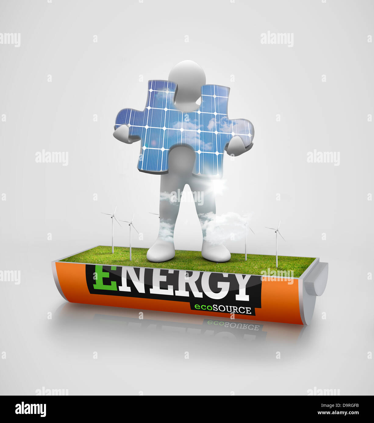 White figure holding solar panel jigsaw piece in a wind turbine field ...
