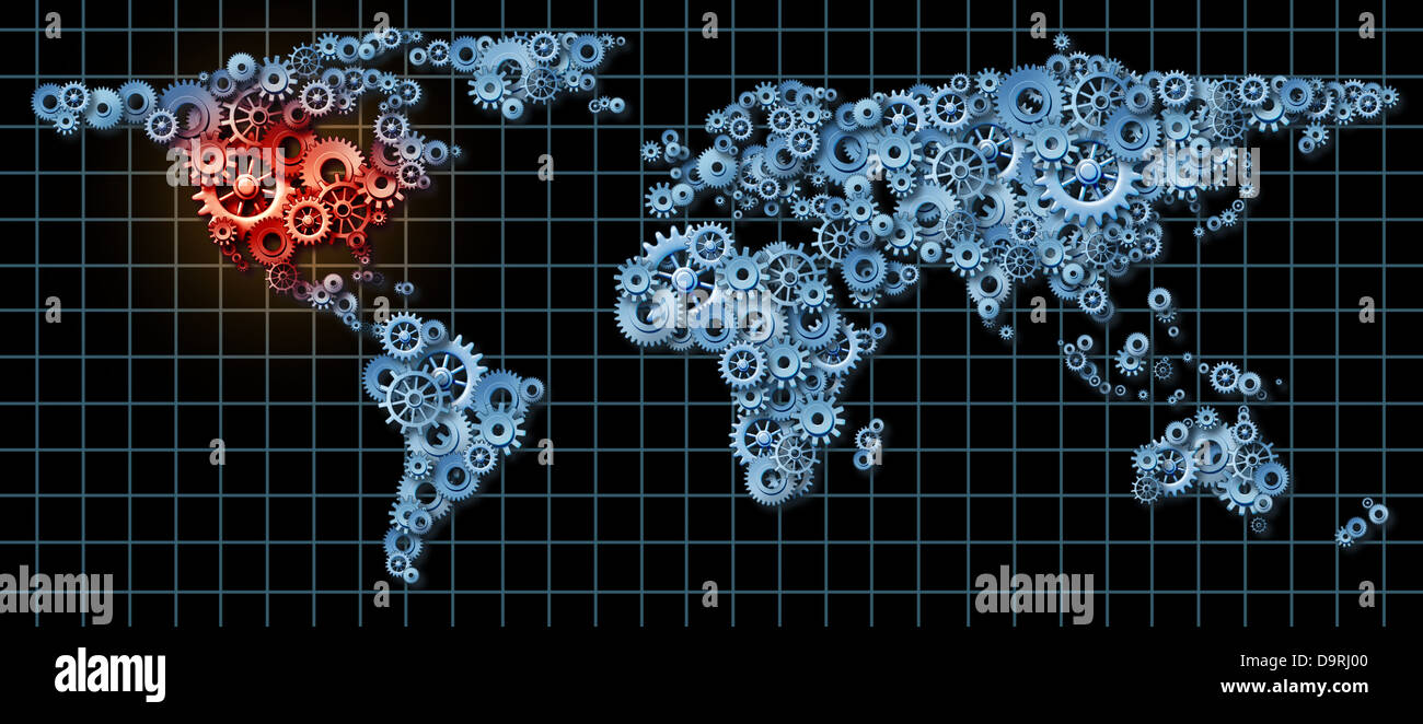 American economy business concept with a world map made of gears and ...