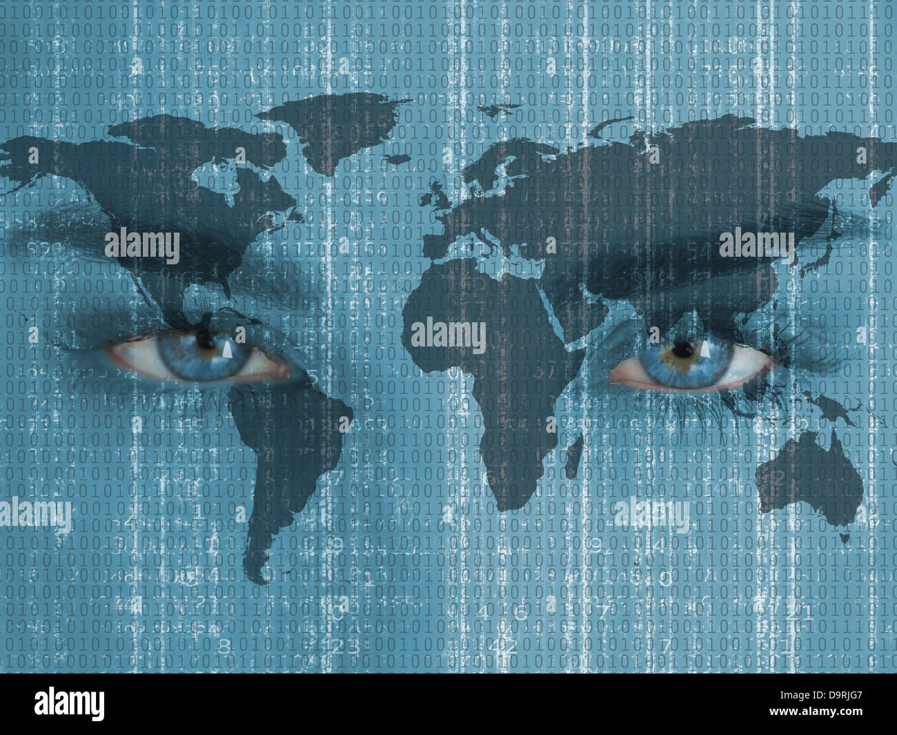 Attractive blue eyed woman with matrix and map on face Stock Photo - Alamy