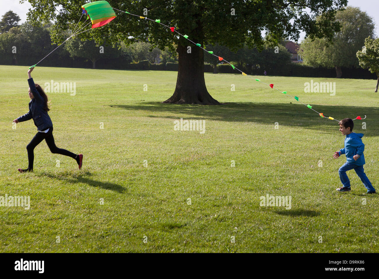 Kids flying a kite in the park Stock Photo - Alamy