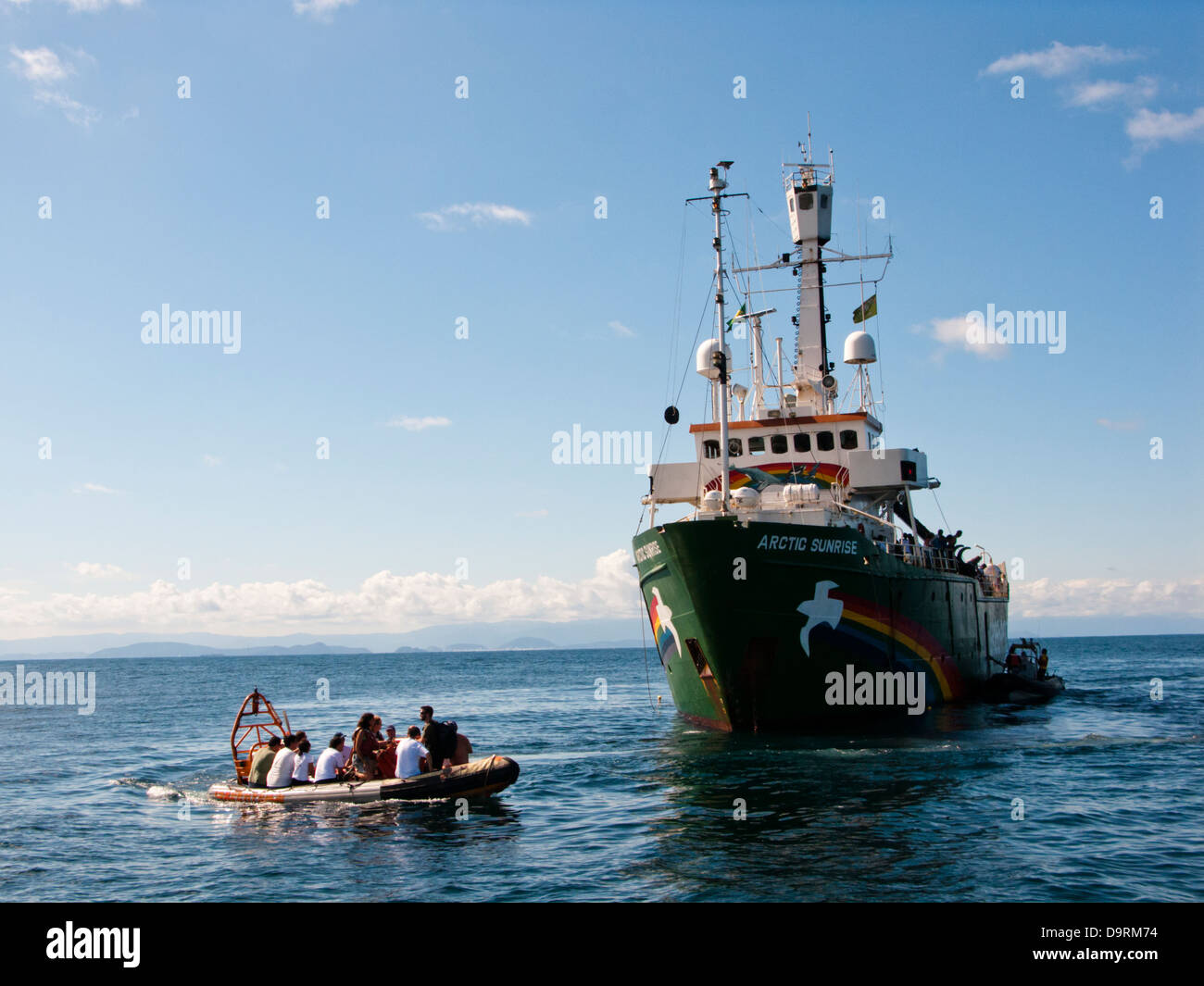 Green peace vessel "Rainbow Warrior" With Zodiac boat along side Stock ...
