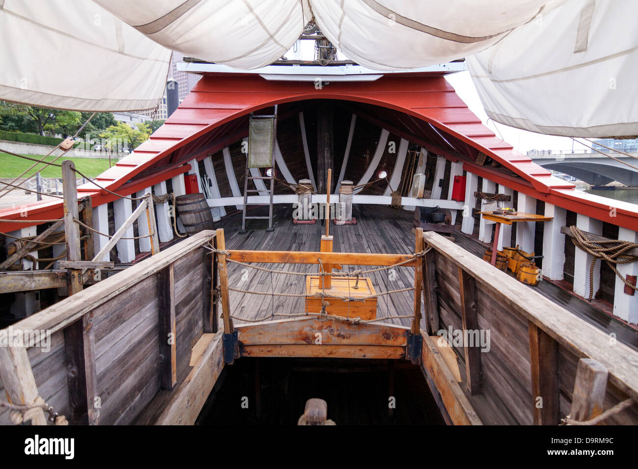 A replica of the Santa Maria ship, sailed by Columbus, in harbor at ...