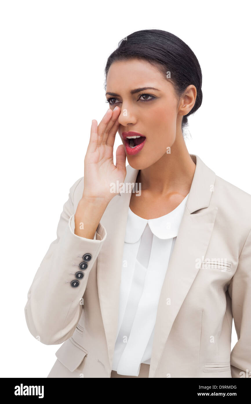 Standing businesswoman calling for someone Stock Photo - Alamy