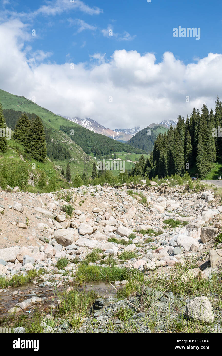 Road on Big Almaty Lake, nature green mountains and blue sky in Almaty ...