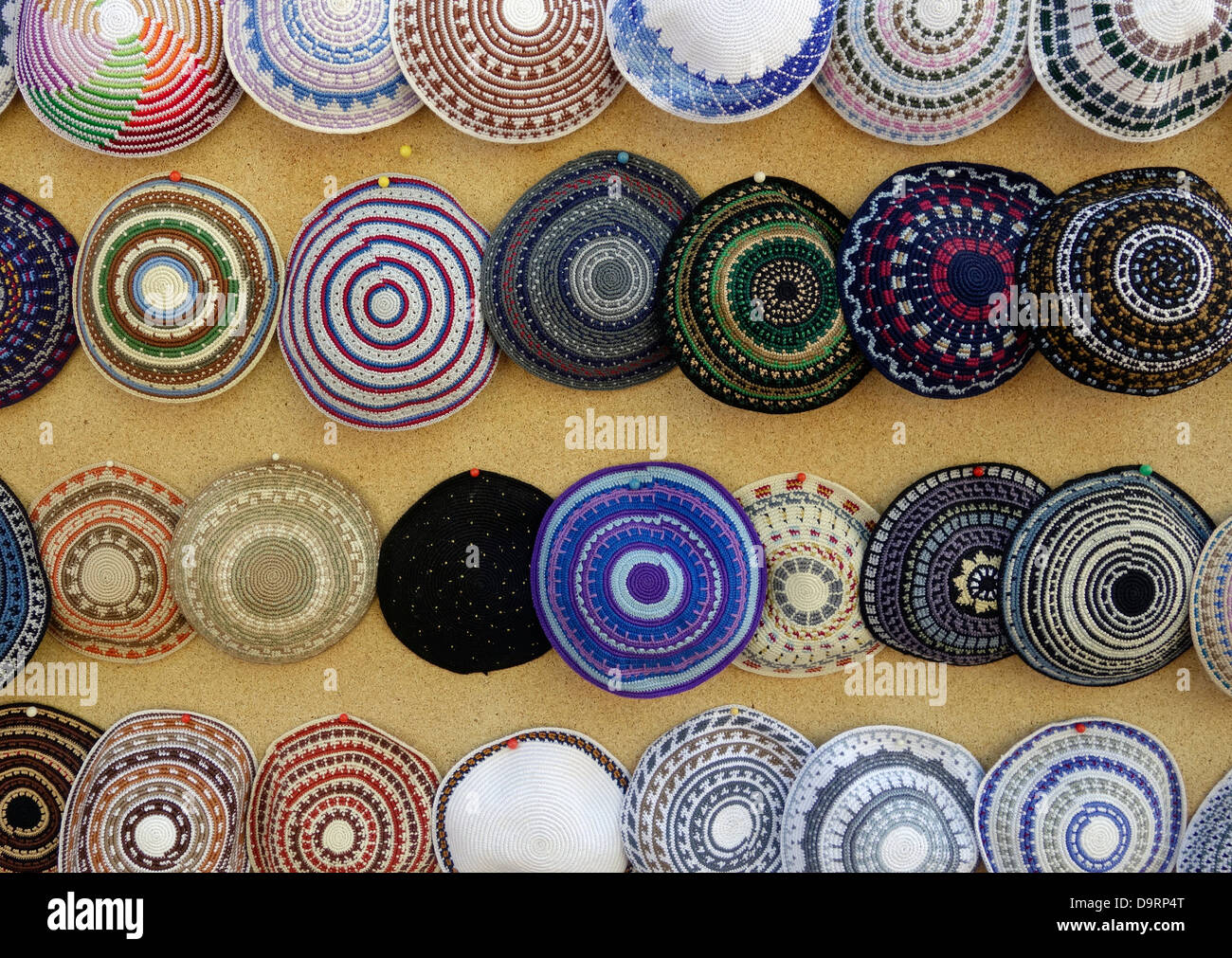 Stack of traditional kippot or yarmulke caps worn by religious Jews for ...