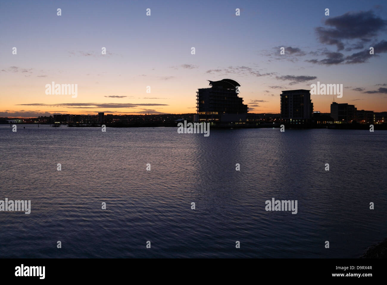 St Davids hotel in Cardiff Bay Wales city skyline silhouette at sunset ...