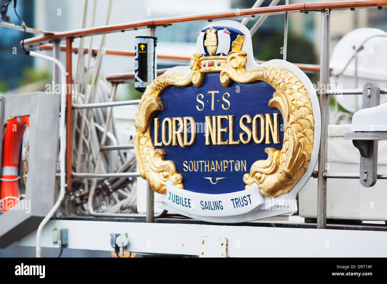 Sign for a ship's name on the railing of a ship for the tall ship race ...