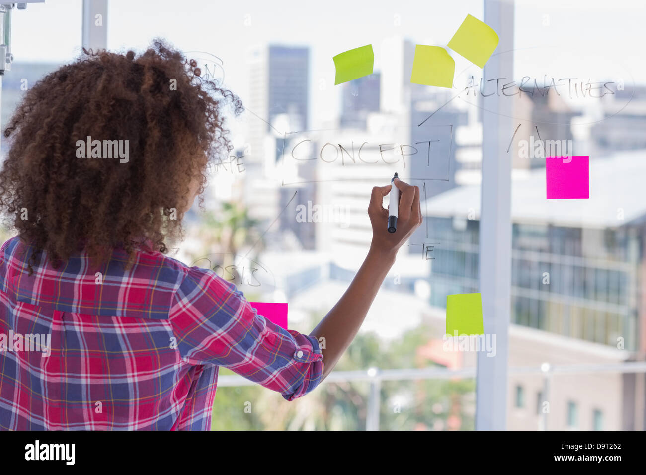 Woman drawing on flowchart with sticky notes Stock Photo - Alamy