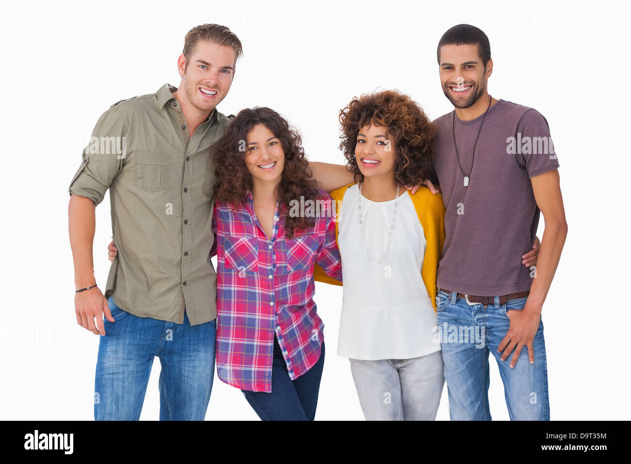 Smiling man embracing friends hi-res stock photography and images - Alamy