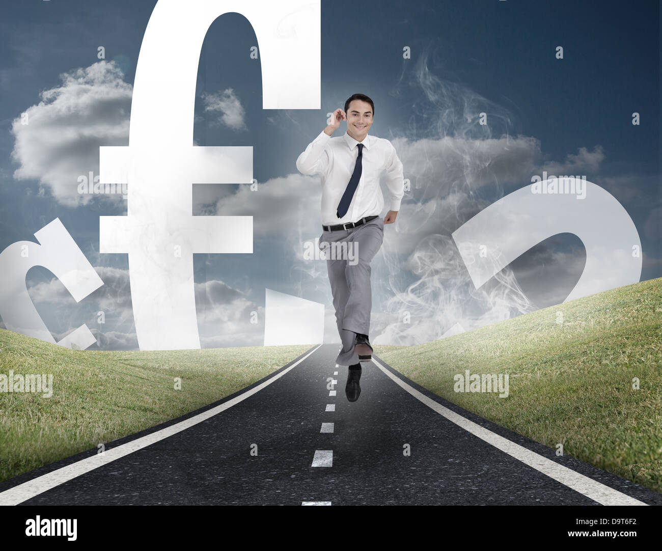 Happy businessman running on a road with euro currency Stock Photo - Alamy
