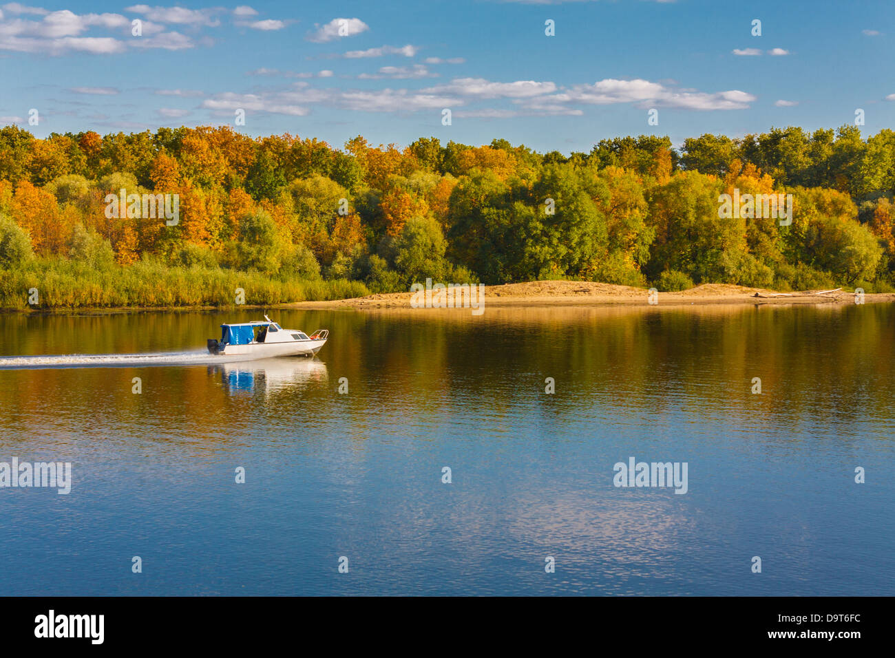 Ship On River. Autumn forest background Stock Photo - Alamy