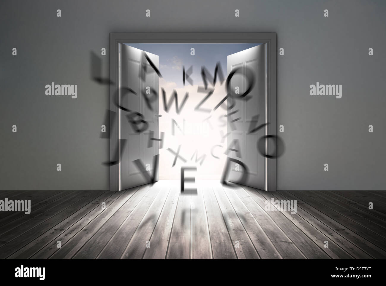 Doors opening to show flying letters Stock Photo - Alamy
