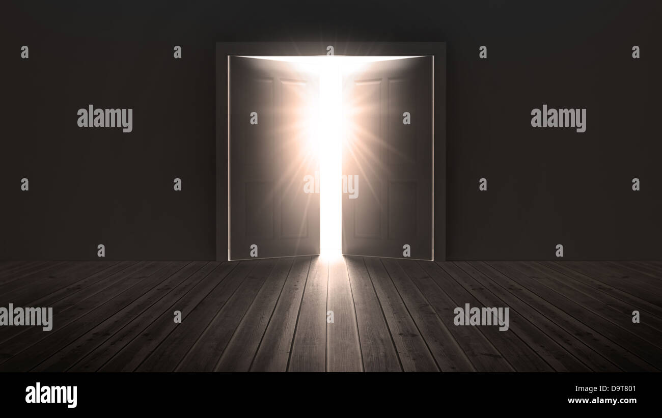 Doors opening to show a bright light Stock Photo - Alamy
