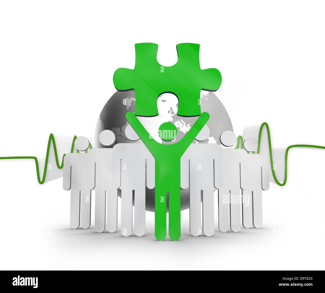 Green character holding green jigsaw piece Stock Photo - Alamy