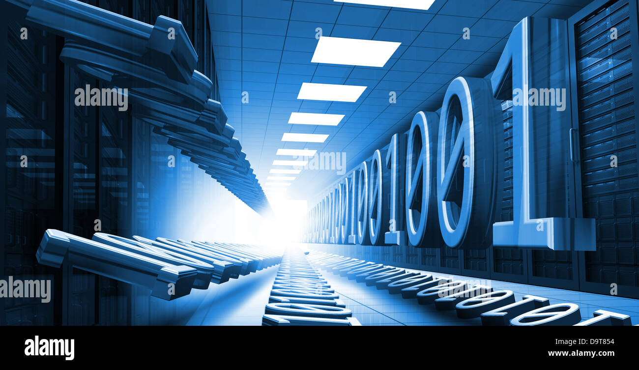 Blue binary code in data center hall leading to light Stock Photo - Alamy
