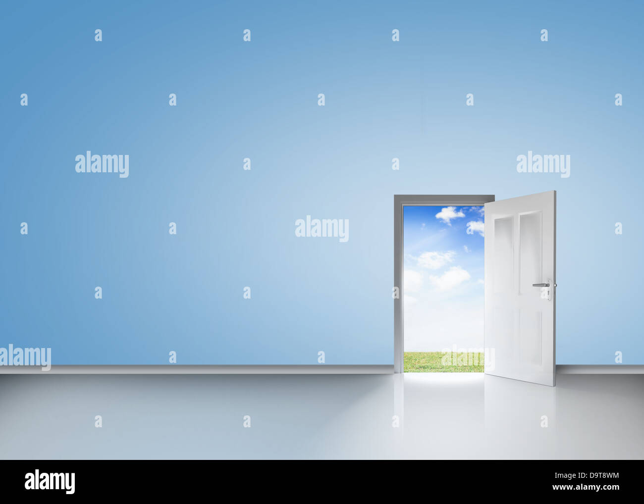 Door opening to reveal blue sky and meadow Stock Photo - Alamy