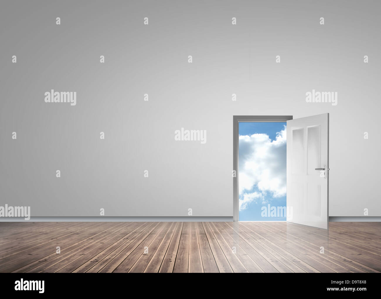 Door opening to reveal sunny blue sky Stock Photo - Alamy