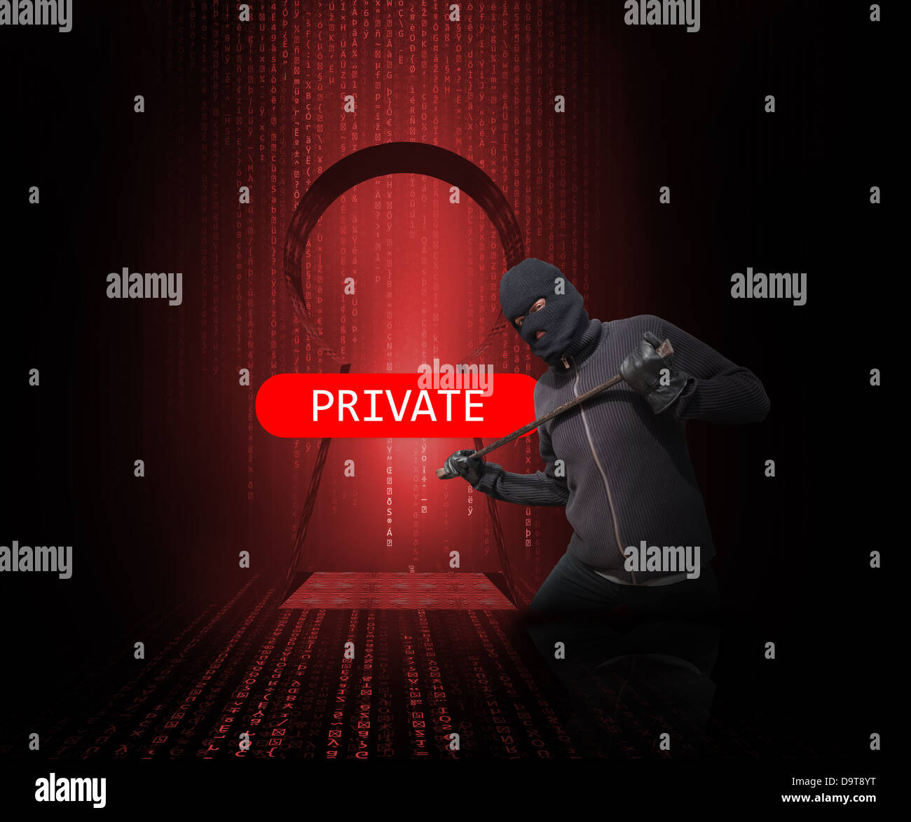 Doorway blocked by private sign with burglar Stock Photo - Alamy