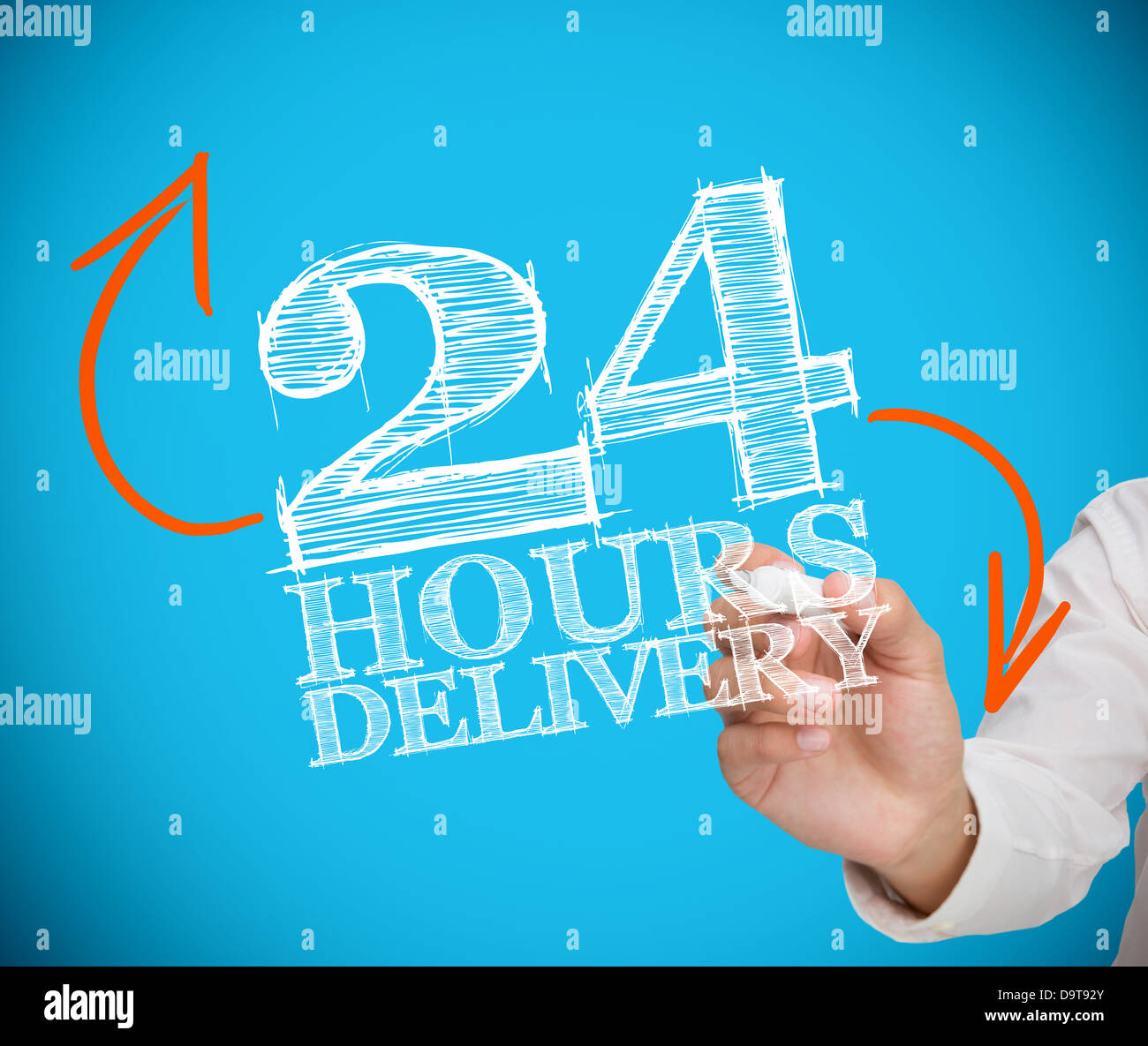 Businesswoman writing 24 hours delivery Stock Photo - Alamy