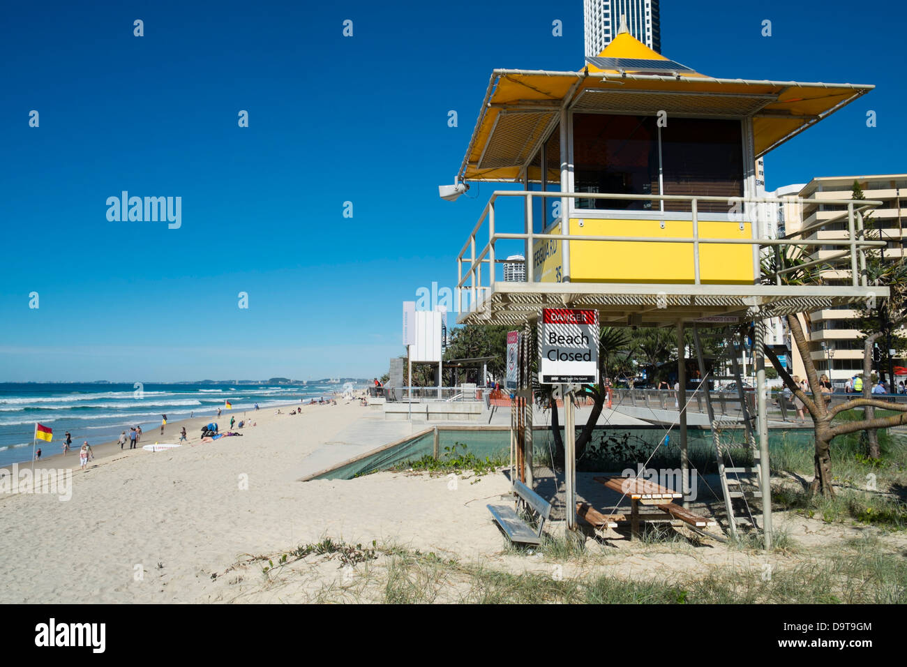 Lifeguard hut on beach at Surfers Paradise seaside town on the Gold ...