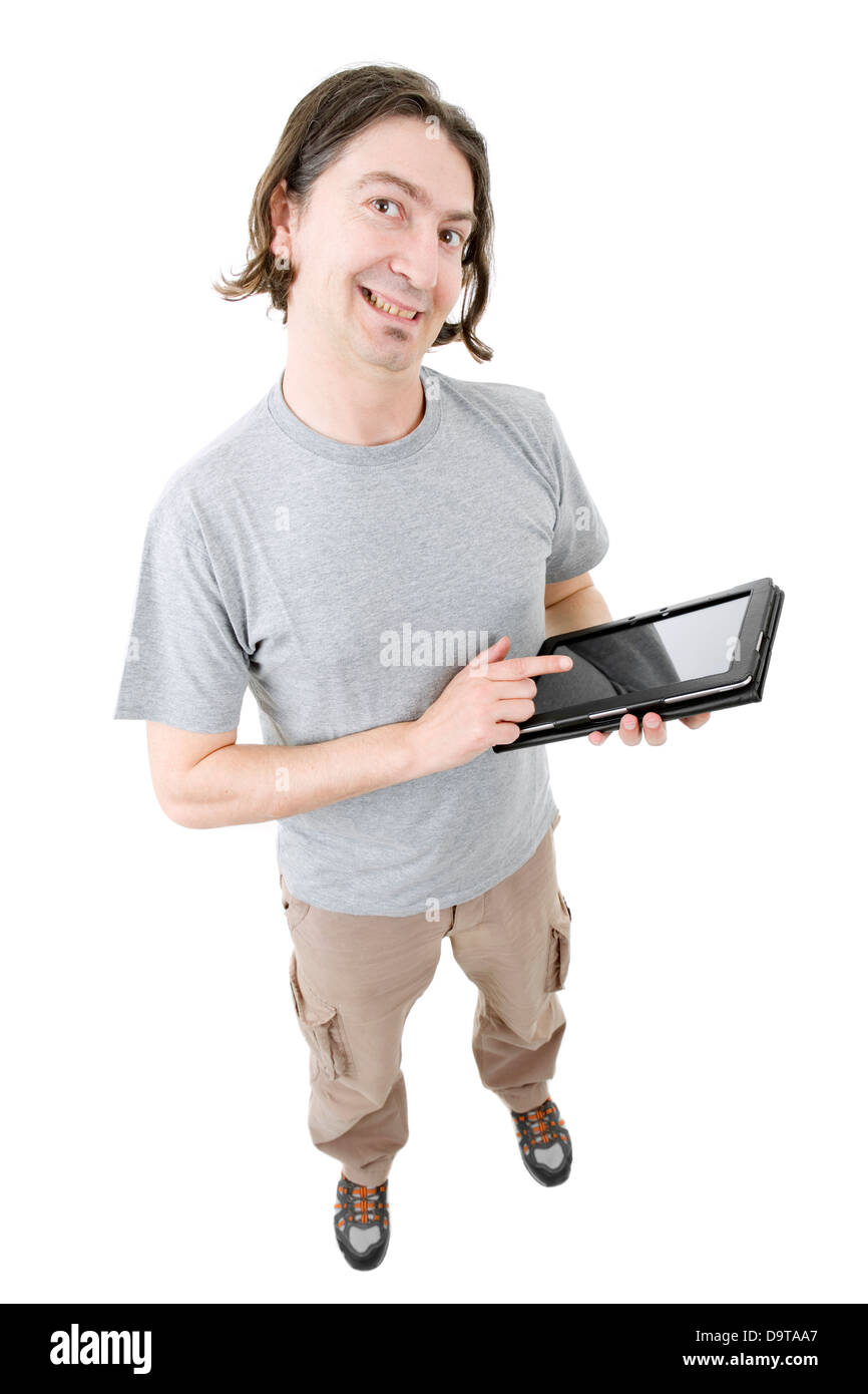 young casual man full body with a tablet, isolated Stock Photo - Alamy