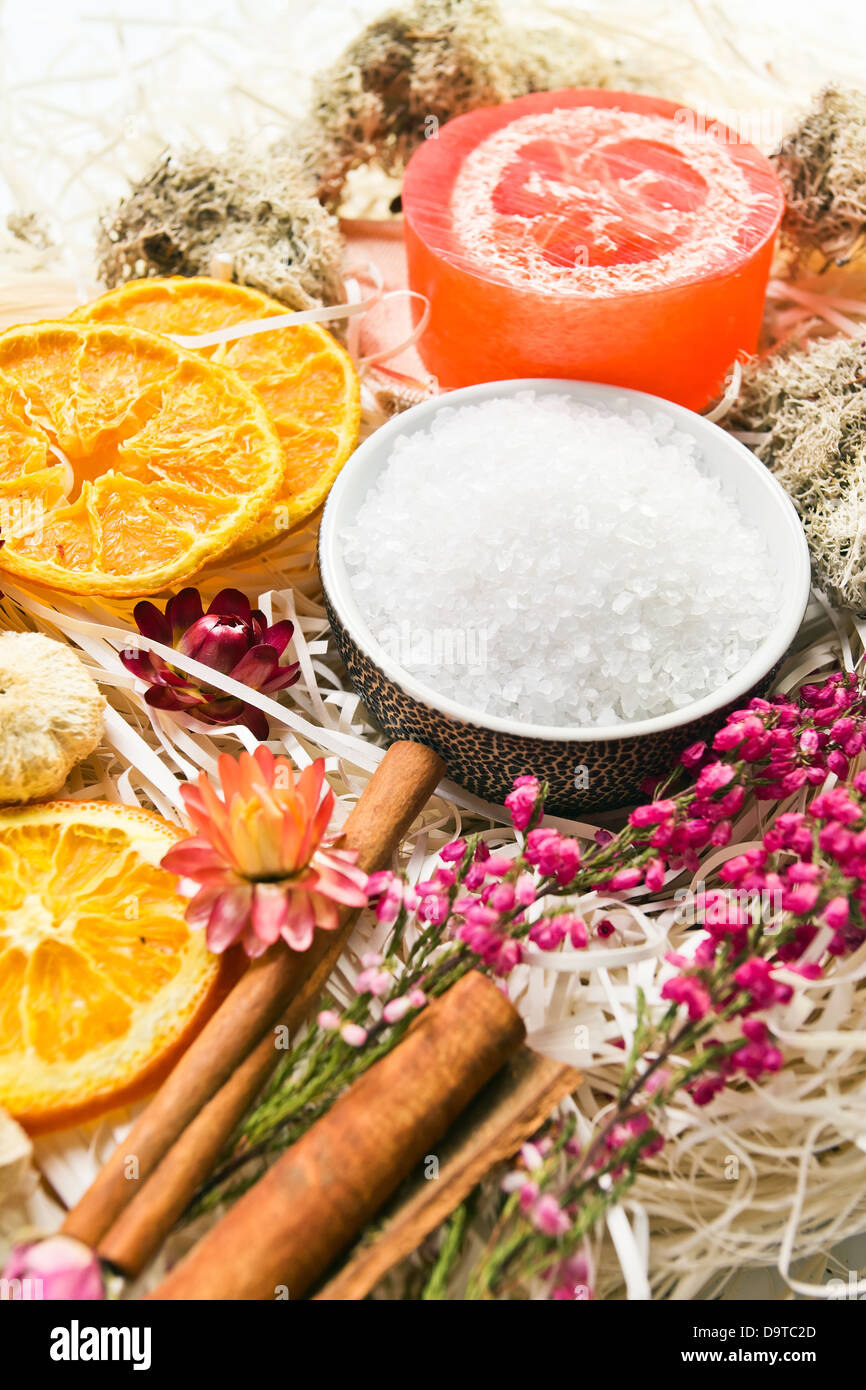 Sea salt with dried fruits, plants and flowers Stock Photo - Alamy