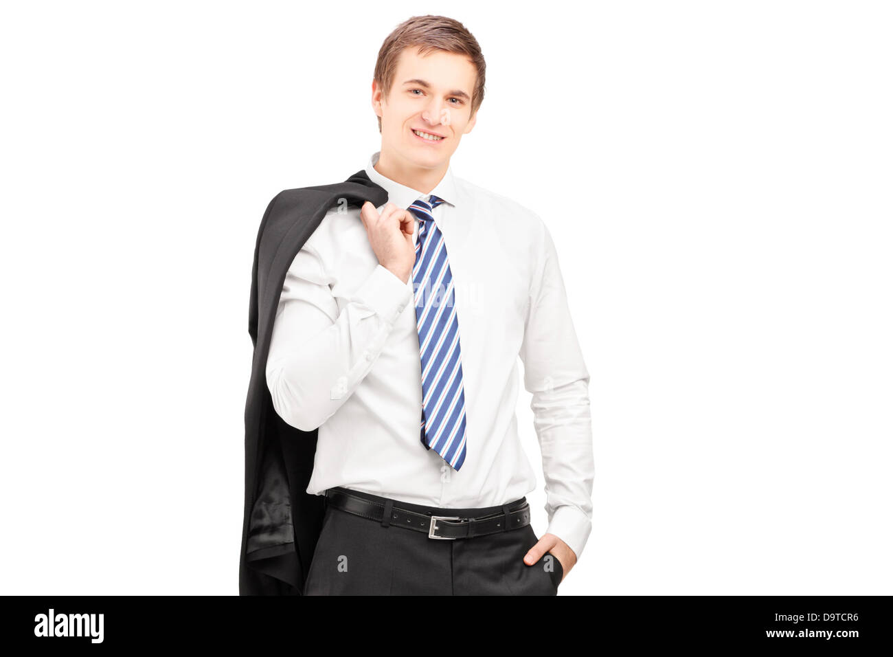 Young businessman posing with a coat over shoulder Stock Photo - Alamy