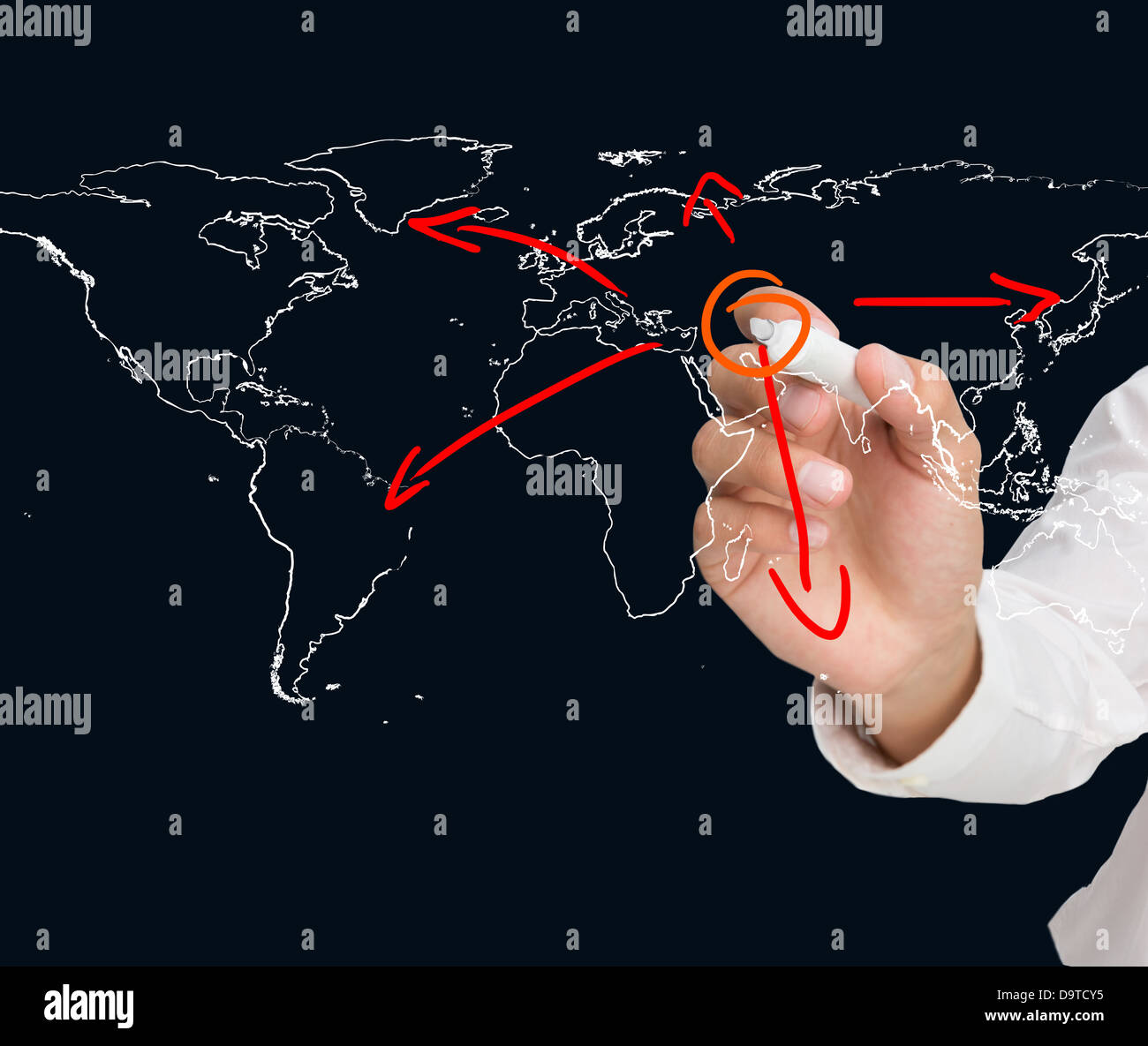 Businessman drawing world map with arrows Stock Photo - Alamy