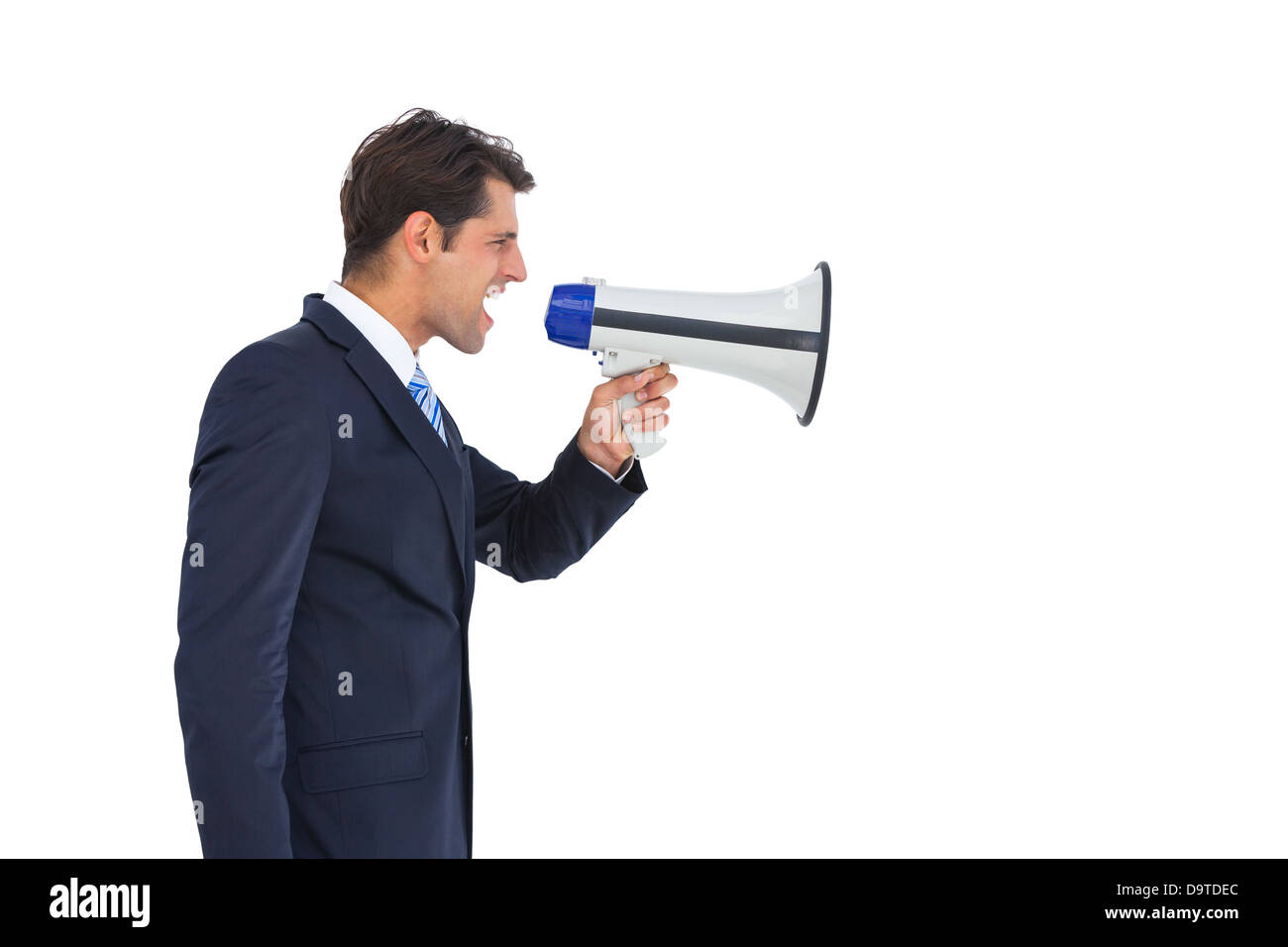 Side view of a businessman shouting on his megaphone Stock Photo - Alamy