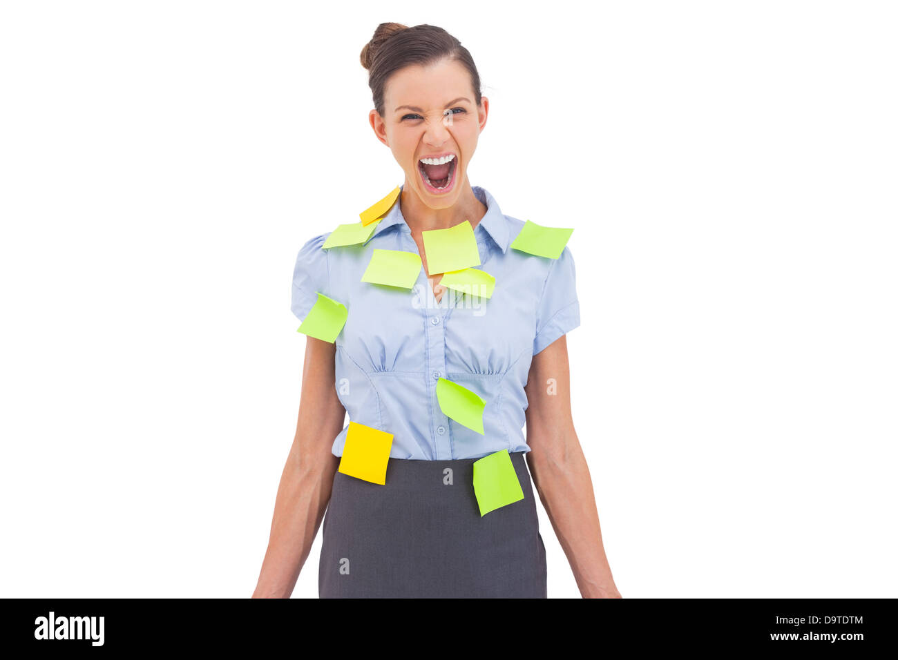 Businesswoman covered with sticky notes Stock Photo - Alamy